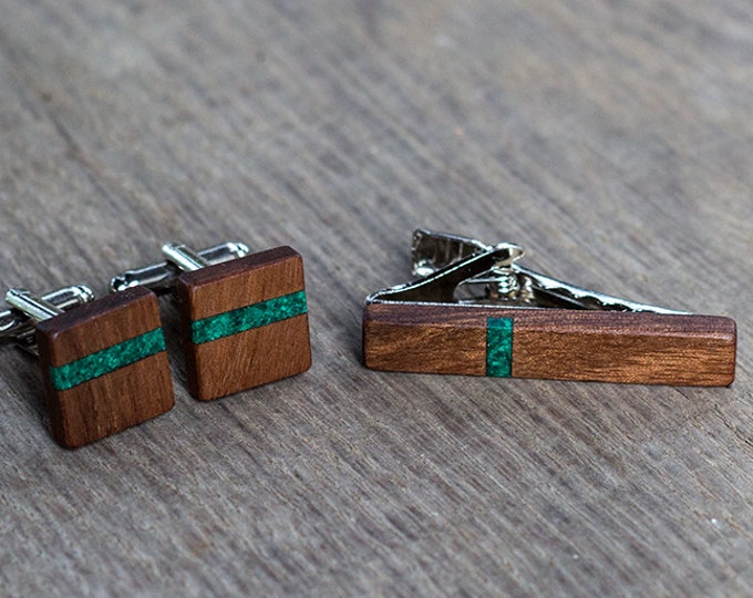 Wooden TIE Bar CUFFLINKS Set Malachite Inlay Walnut Tie Bar/cufflinks ...