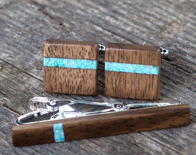 Wooden TIE Bar CUFFLINKS Set - Turquoise Inlay Walnut Wedding Cufflinks ...