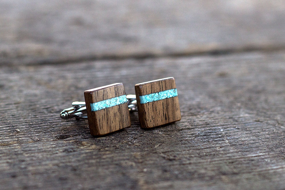 WALNUT Wood With Turquoise Inlay Cufflinks | Wooden Cufflinks | Wedding ...