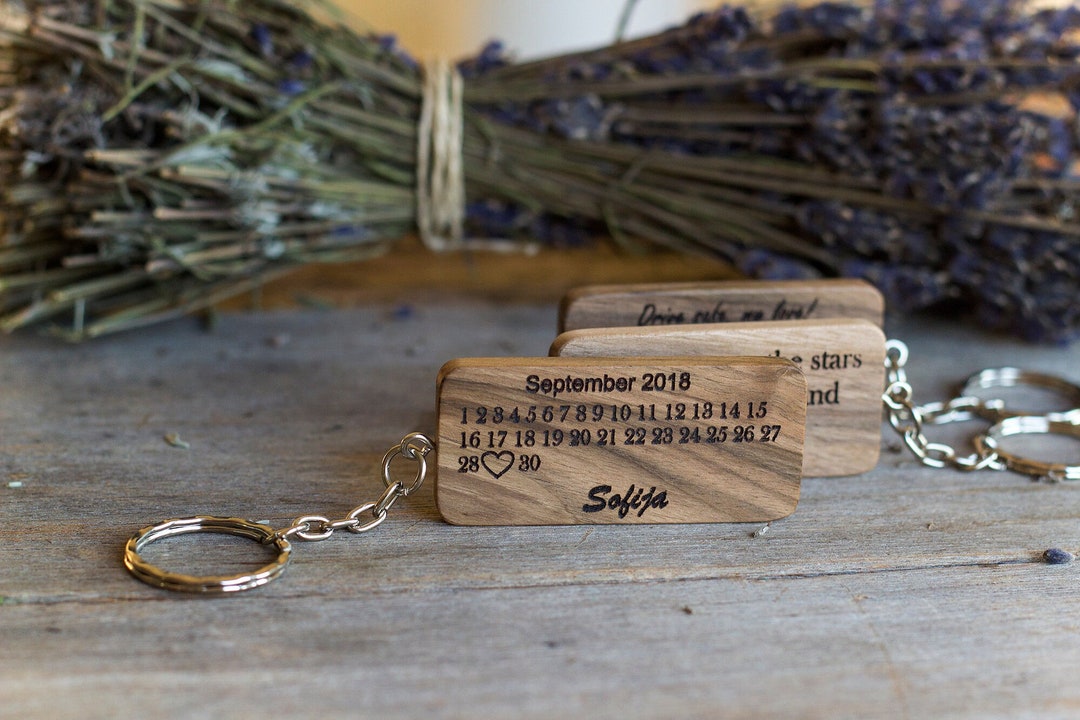 Wooden Keychain With Dates, Birthday Wooden Key Ring, Personalized Kej ...