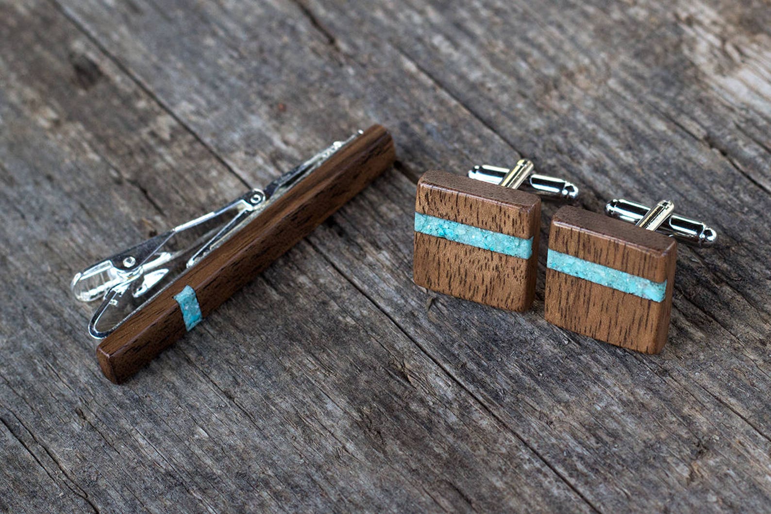 Wooden TIE Bar CUFFLINKS Set Turquoise Inlay Walnut Wedding - Etsy