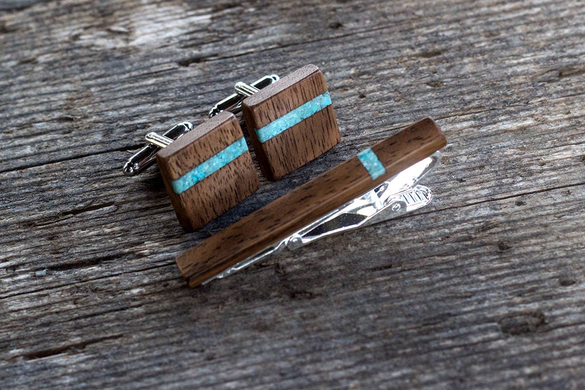 Wooden TIE Bar CUFFLINKS Set Turquoise Inlay Walnut Wedding - Etsy