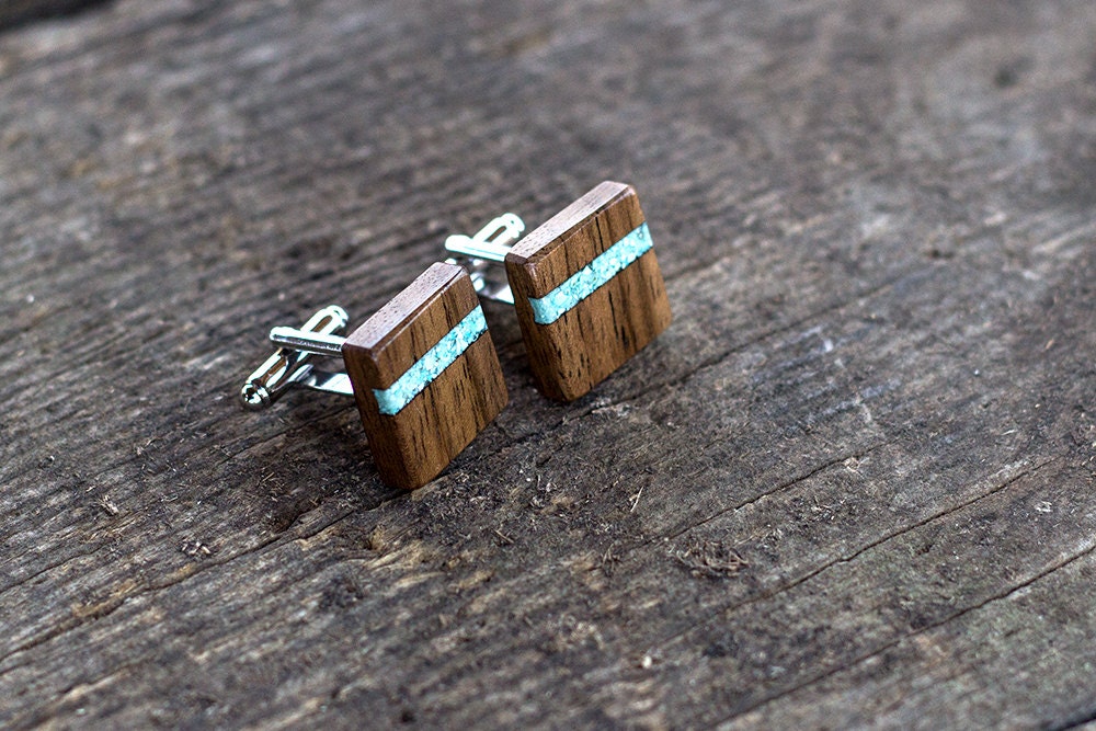 WALNUT Wood With Turquoise Inlay Cufflinks | Wooden Cufflinks | Wedding ...