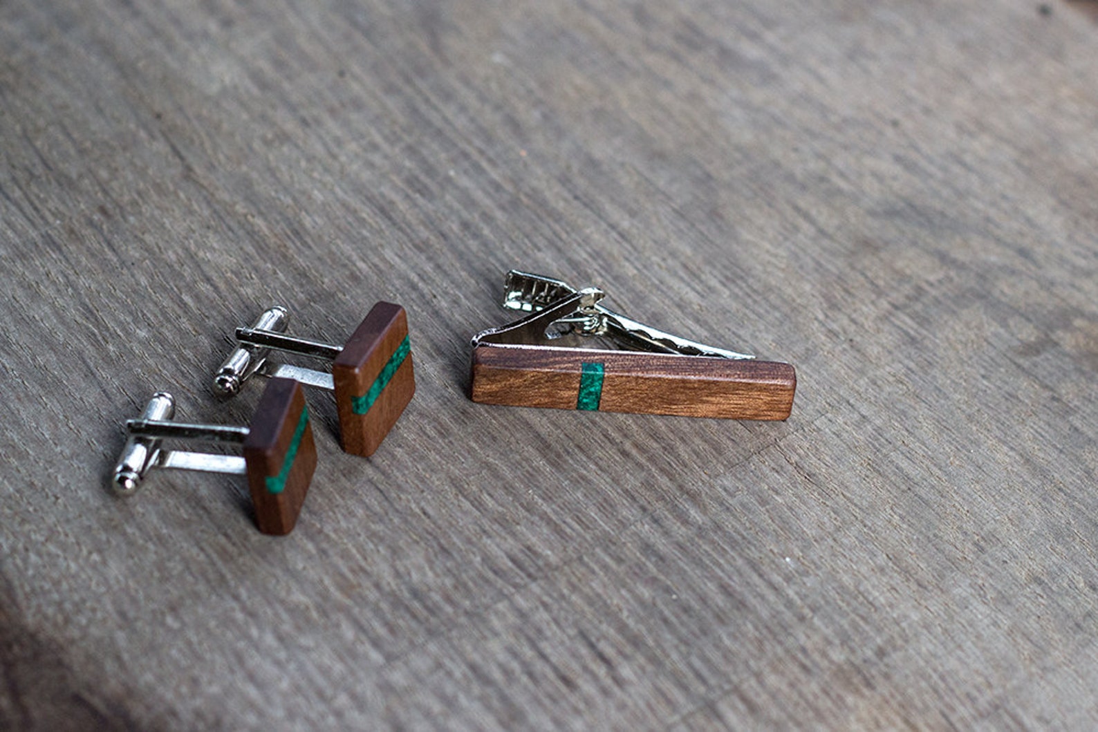 Wooden TIE Bar CUFFLINKS Set Malachite Inlay Walnut Tie - Etsy