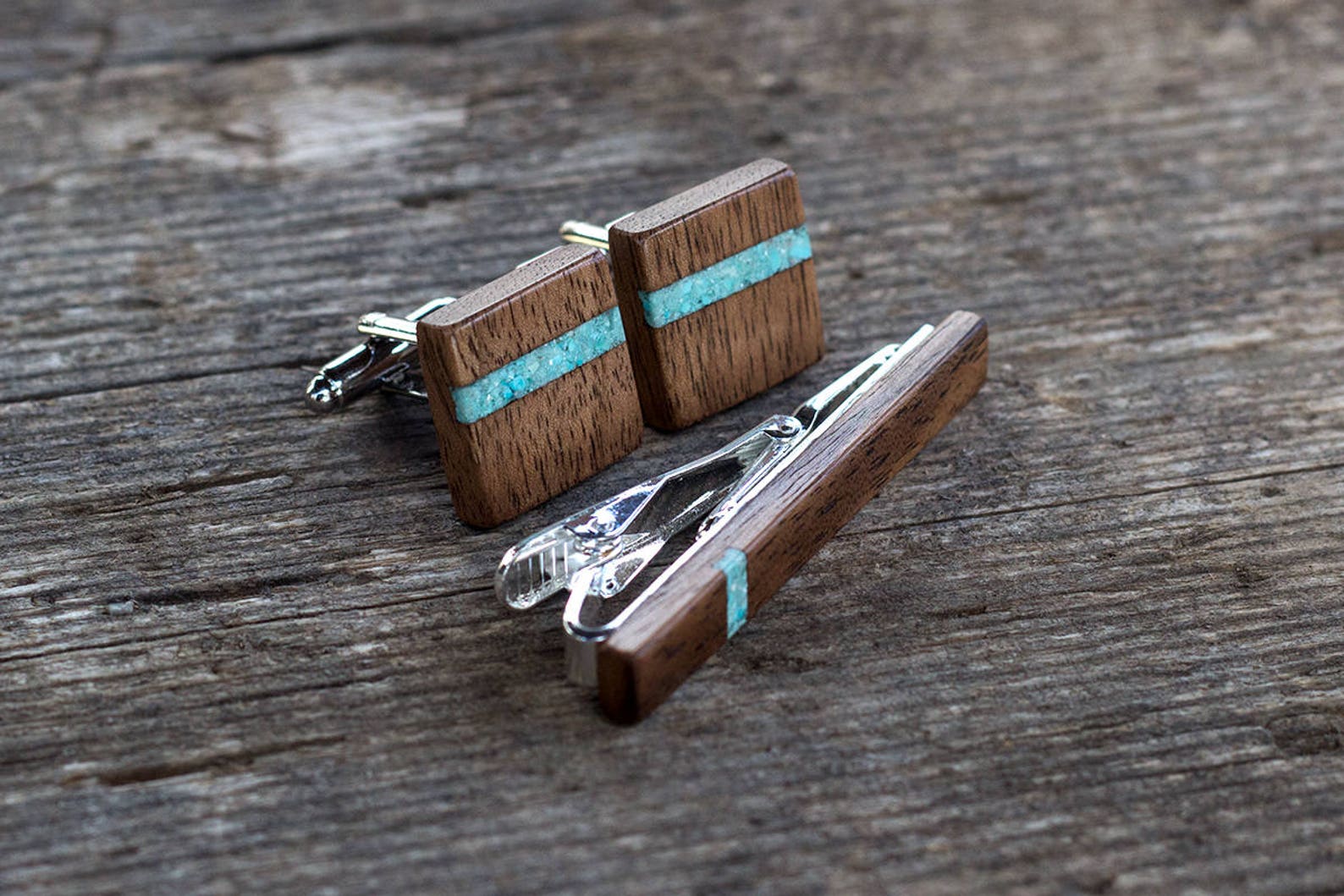 Wooden TIE Bar CUFFLINKS Set Turquoise Inlay Walnut Wedding - Etsy