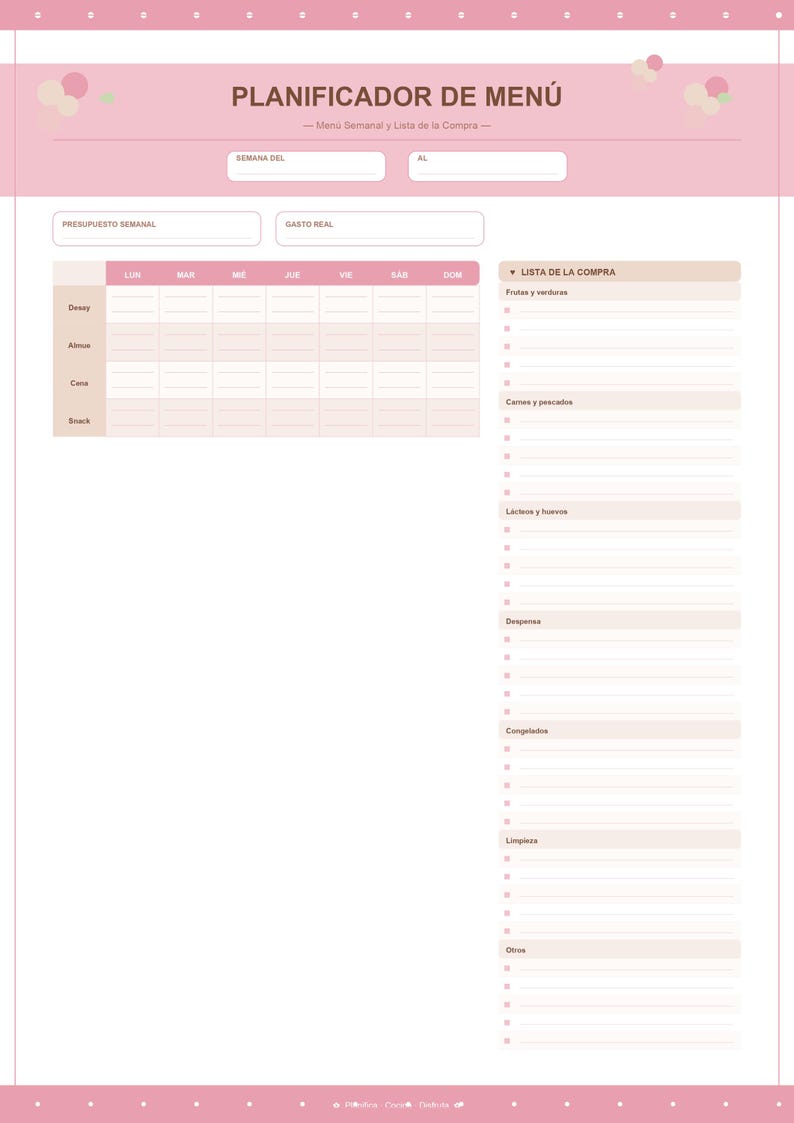 Printable Weekly Menu Planner | Floral Pink Design | A4 Shopping List ...
