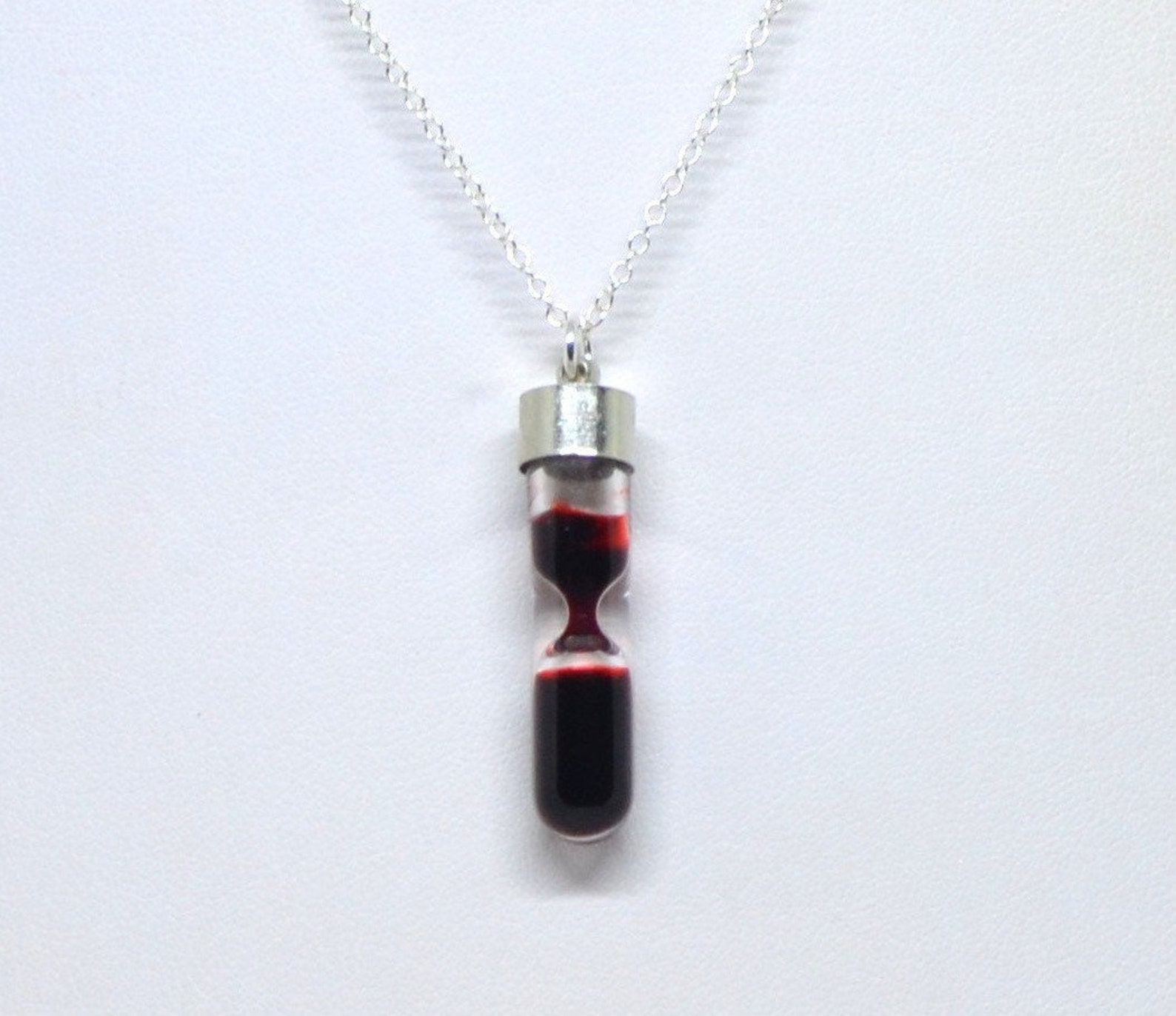 Red Fake Blood Glass Tube Hourglass Vial Necklace Pendant on Sterling ...
