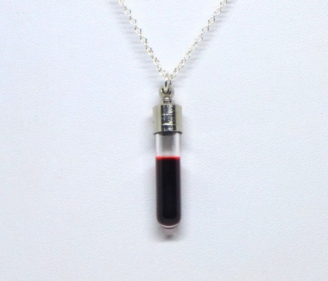Red Fake Blood Glass Tube Vial and Silver Necklace Pendant on Sterling ...