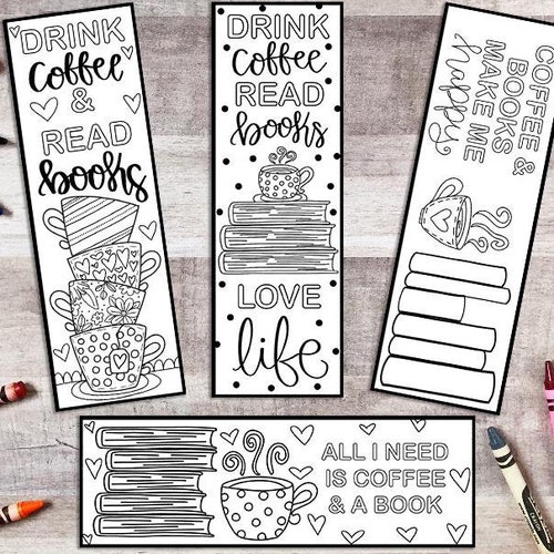 Coffee and Books Bookmarks 4 Printable Coloring Bookmarks | Etsy