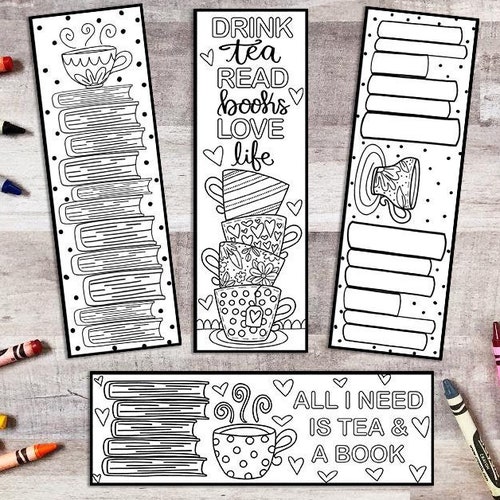 Tea and Books Bookmarks 4 Printable Coloring Bookmarks Tea - Etsy