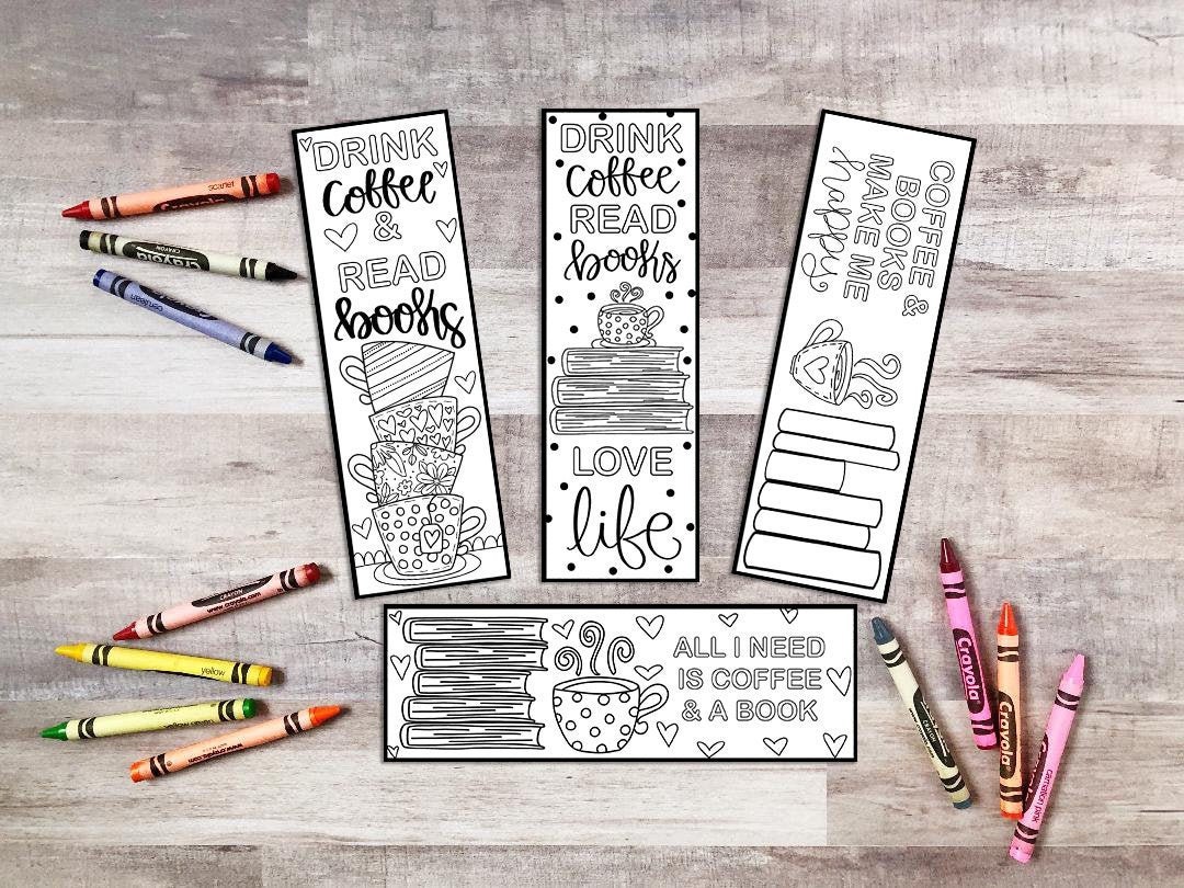 Coffee and Books Bookmarks - 4 Printable Coloring Bookmarks - Coffee ...