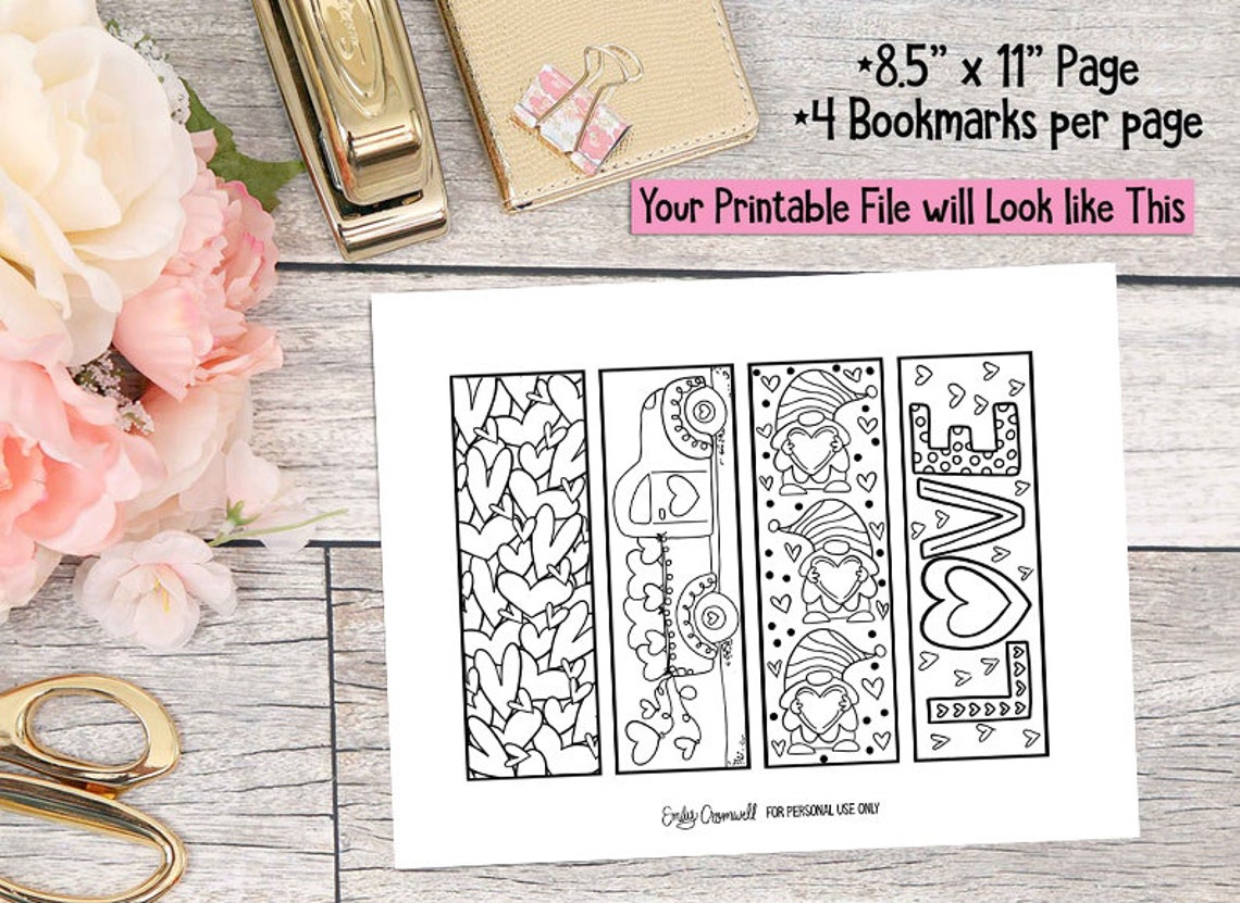 Printable Coloring Valentine Bookmarks Set of 4 Coloring | Etsy