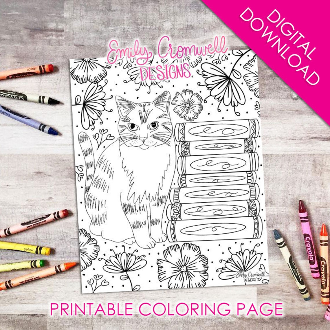 Cat With Books Coloring Page JPEG digital Download Bookish - Etsy