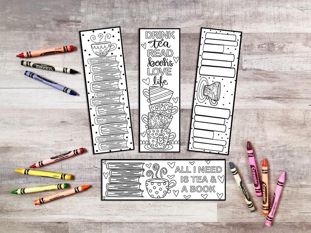 Tea and Books Bookmarks - 4 Printable Coloring Bookmarks - Tea Cups ...