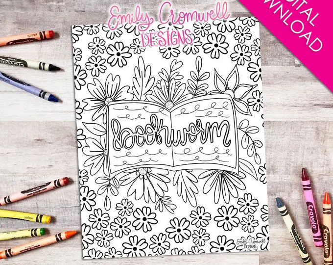 Bookworm Coloring Page JPEG (digital Download), Bookish Coloring Page ...