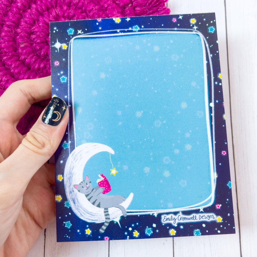 Kitty Reading on the Moon Notepad 4.25" X 5.5" - Book Lover - Bookworm ...