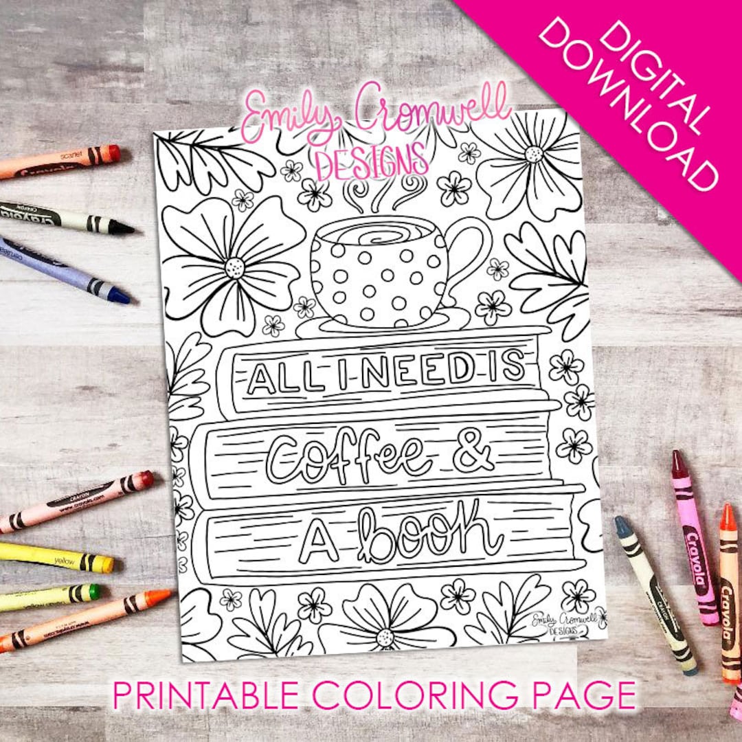Coffee and a Book Coloring Page JPEG (digital Download), Bookish ...