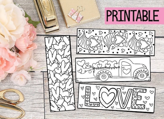 Printable Coloring Valentine Bookmarks Set of 4 Coloring | Etsy