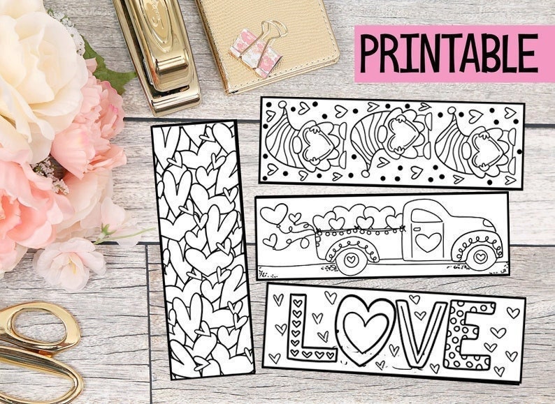 Printable Coloring Valentine Bookmarks Set of 4 Coloring | Etsy