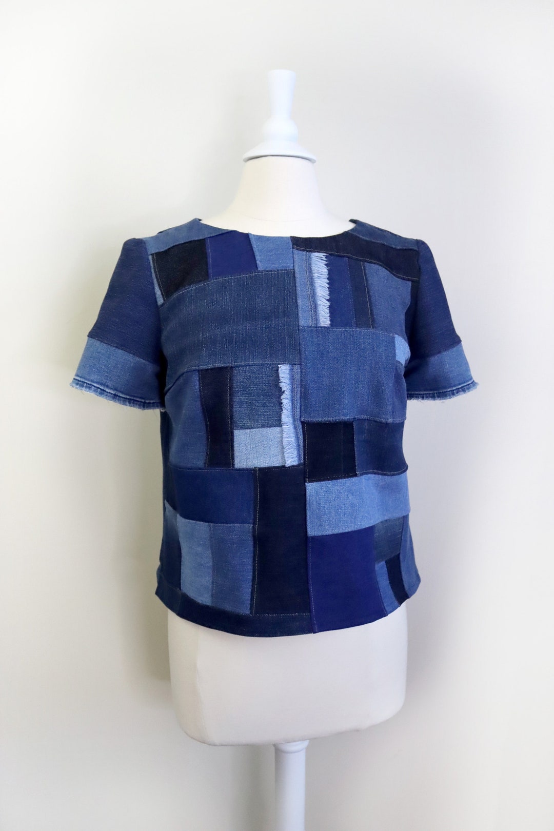 Upcycled Jean Patchwork Short Sleeve Top Handmade Unique Size M - Etsy