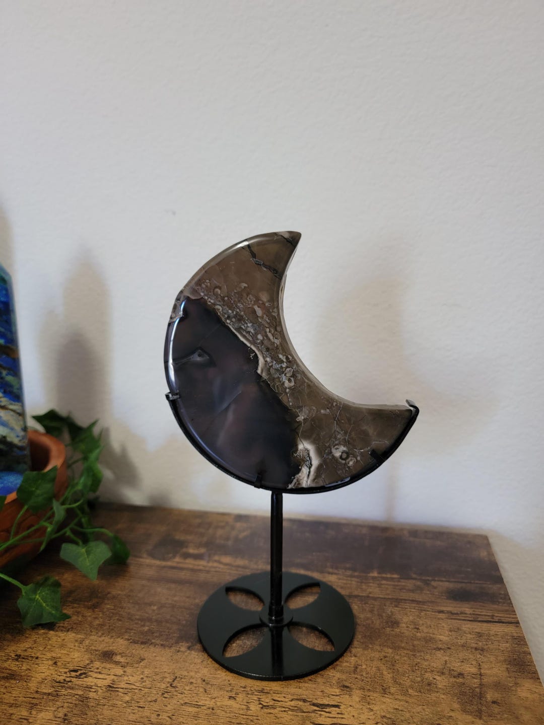 Large Volcano Agate Moon With Stand | UV Reactive | 9.5" Tall W/stand ...