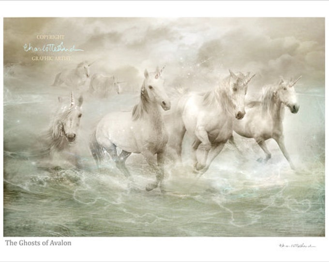Unicorn Art Print the Ghosts of Avalon .. Fairy Print Mounted or ...