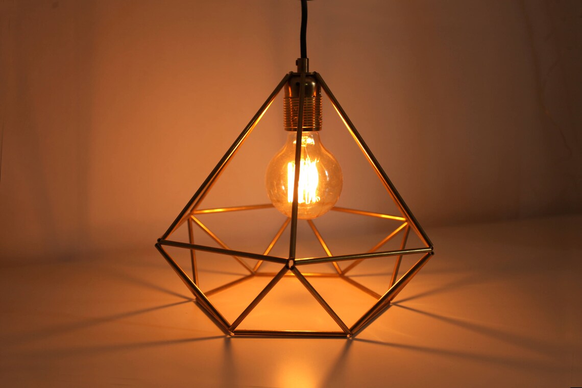 Brass Diamond Pendant Light Fixture - Geometric Cage Lamp Shade ...