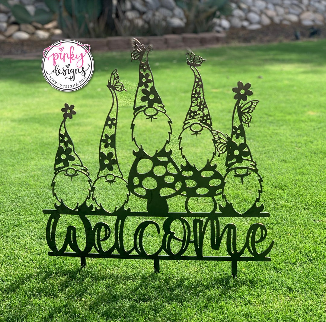 Gnome Welcome Stake Sign, Outdoor Decor, Gnome Metal Art, Patio and ...