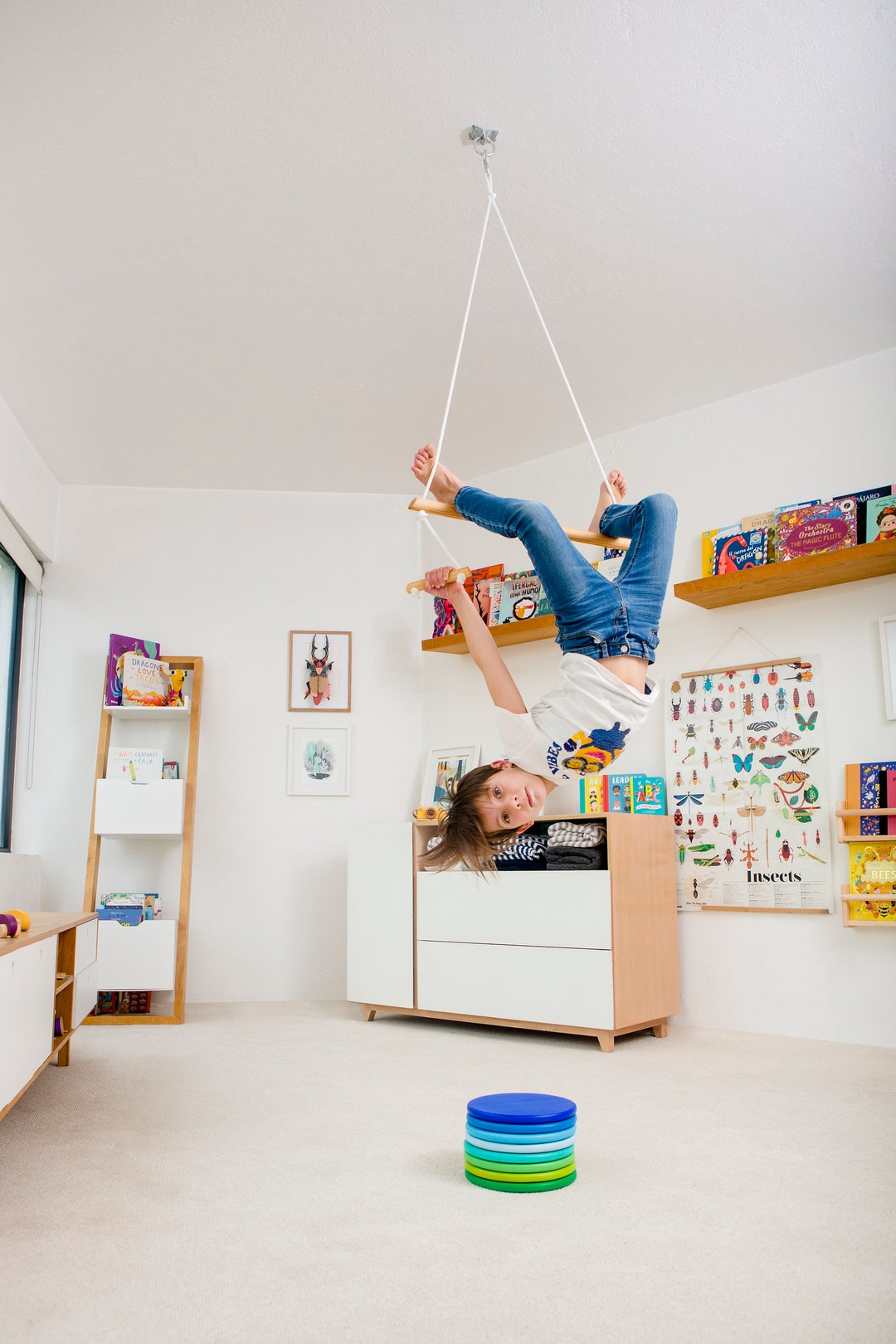 Wooden Trapeze Bar / White Rope Indoor Play Structure/ Wood Swing ...
