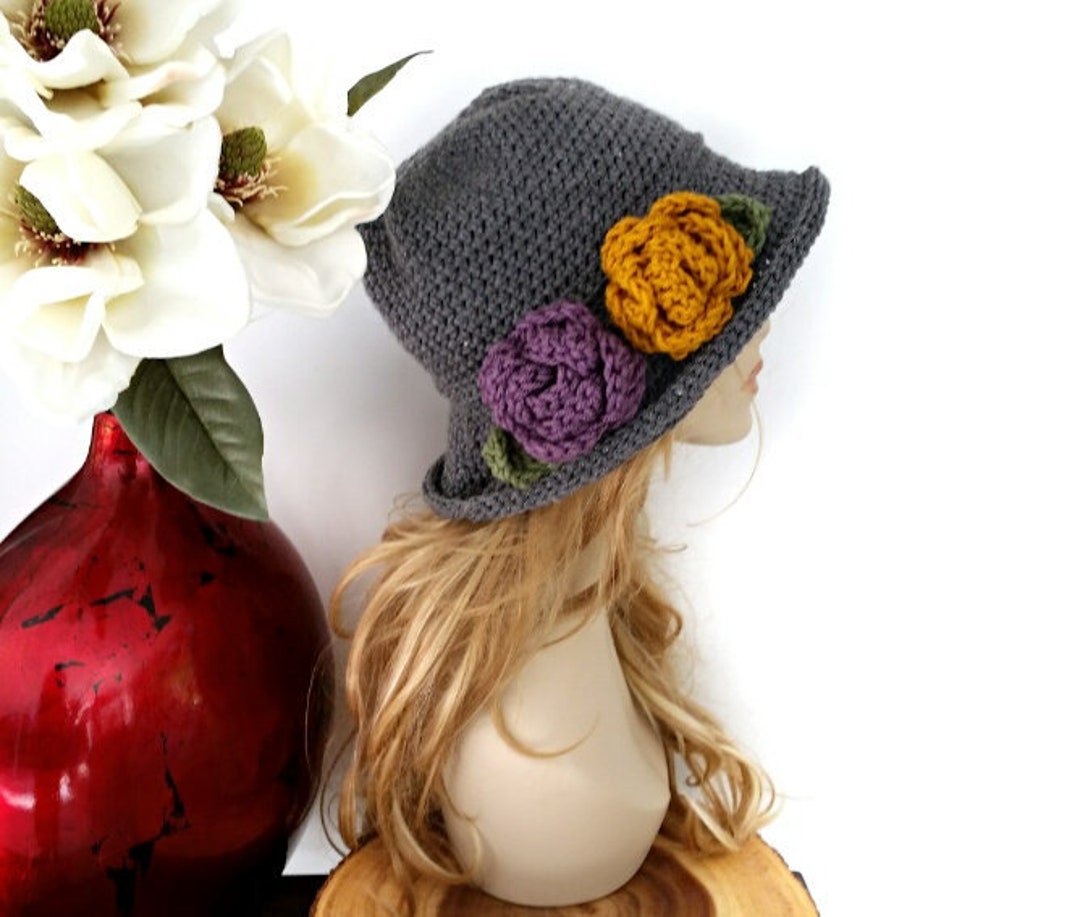 Winter Hat for Women, Crochet Flapper Hat, Hat With Large Flowers ...