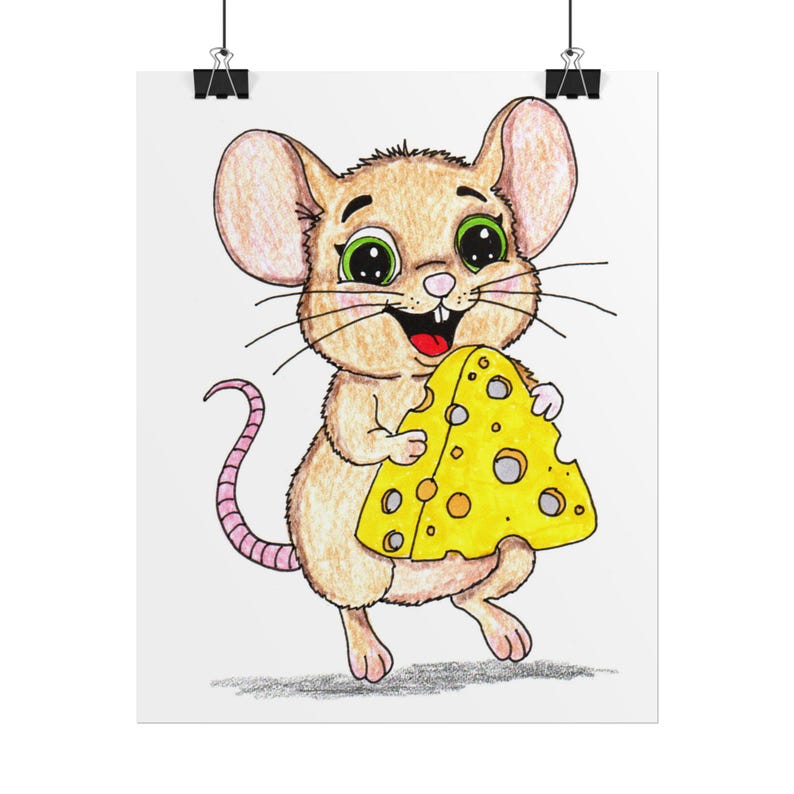 Hand-colored Mouse and Cheese Illustration – Nursery Animal Art ...