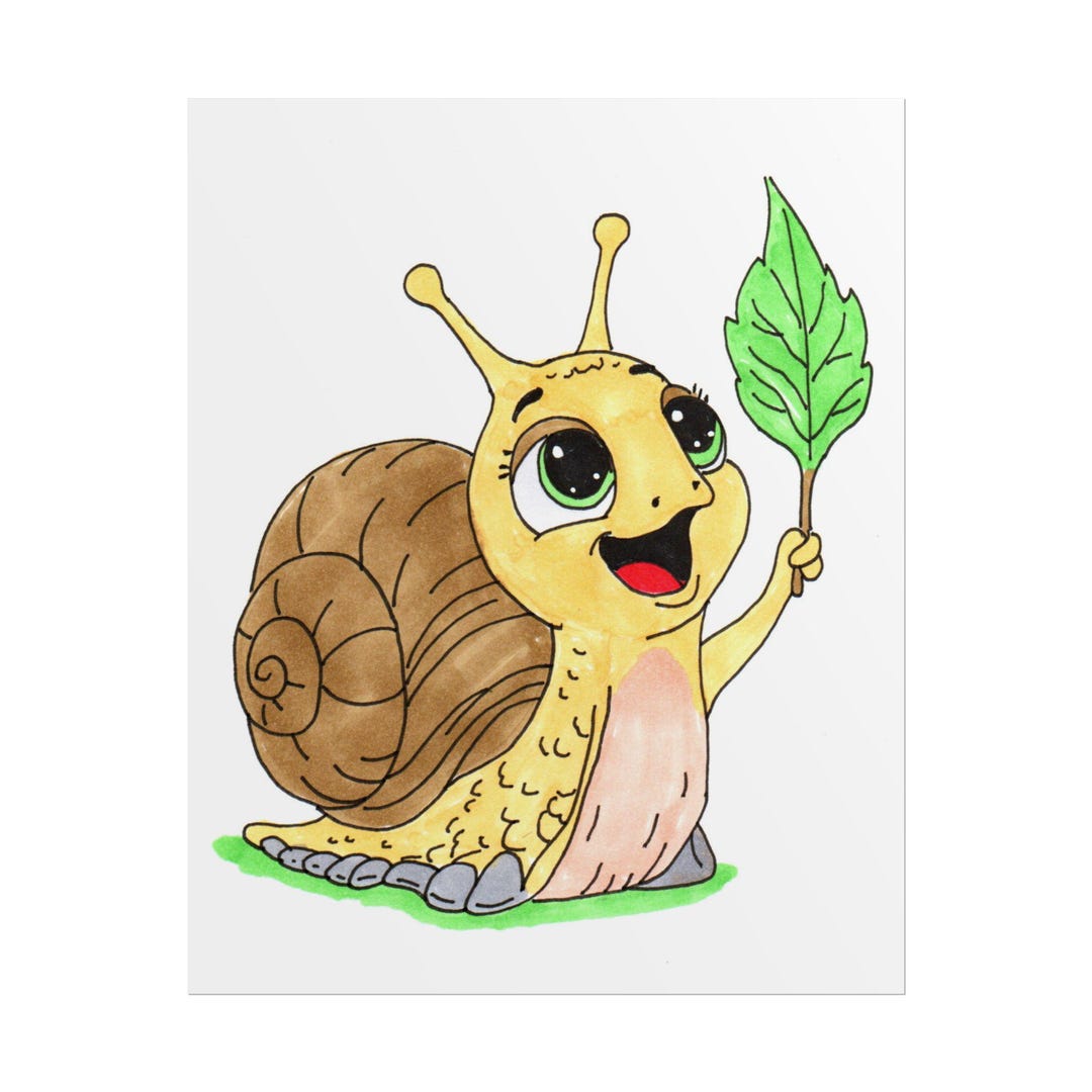 Happy Snail Found Leaf Print, Hand Drawn Whimsical Nature Wall Art - Etsy
