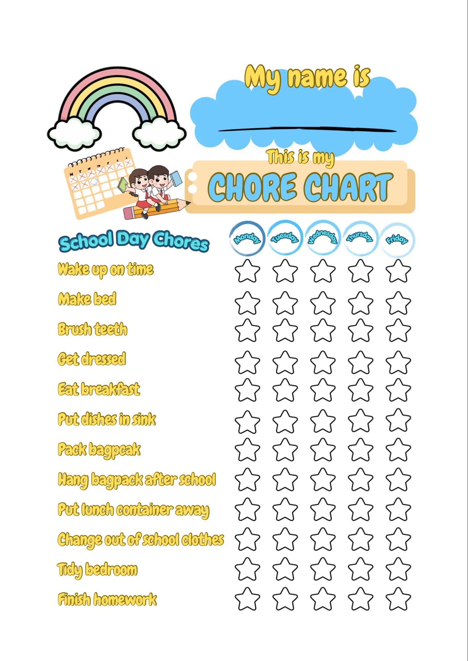 Kids School Day Chore Chart – Daily Routine Checklist for Ages 5-7 (PDF ...