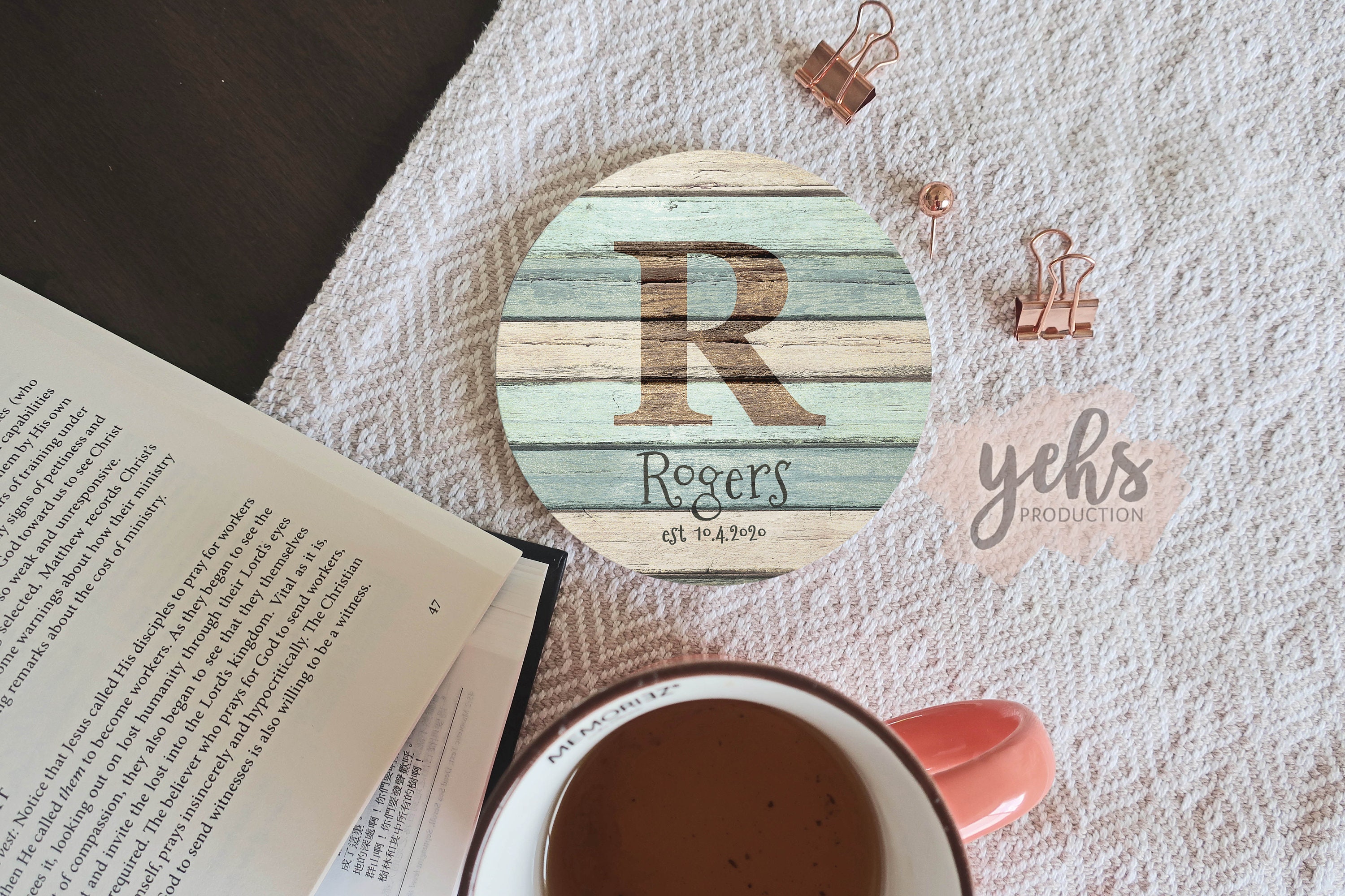 Custom Rustic Monogram Coaster Set With Mint Green & Ivory ...