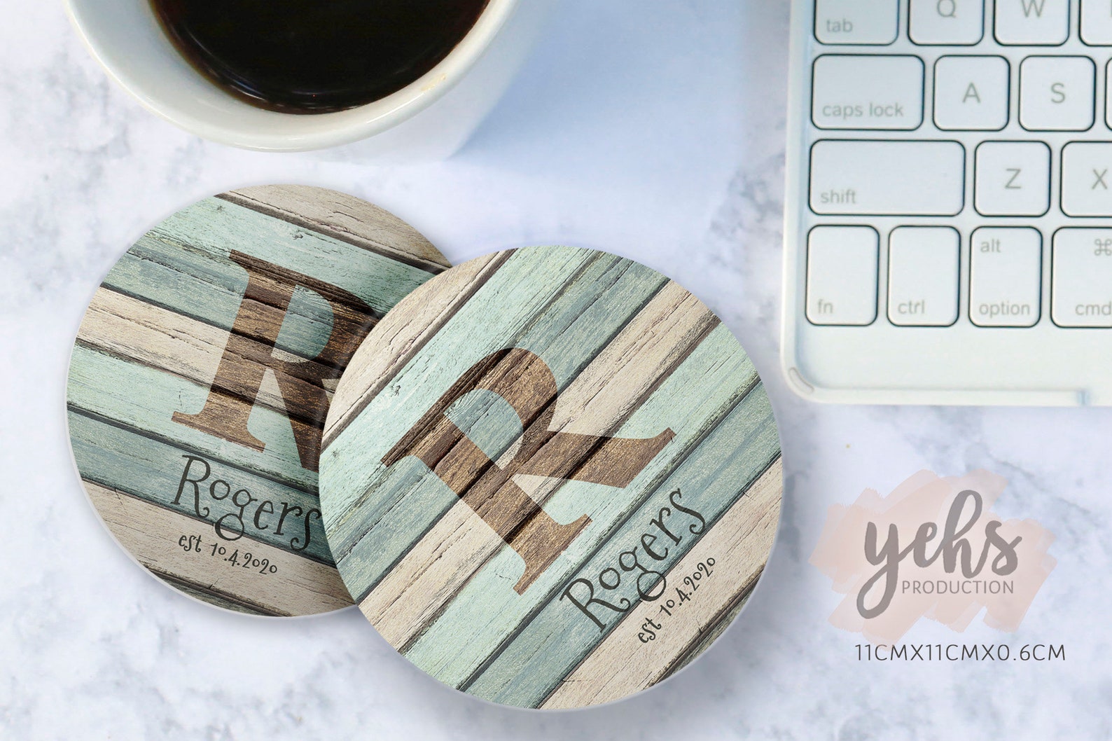 Custom Rustic Monogram Coaster Set With Mint Green & Ivory ...