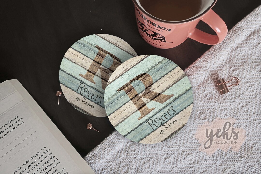 Custom Rustic Monogram Coaster Set With Mint Green & Ivory ...