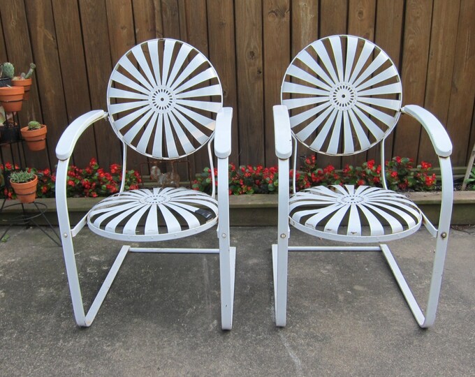 Antique Pair of White Metal Sunburst Patio Spring Chairs Francois Carre ...