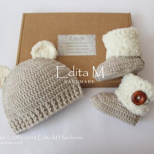 Unisex Baby Set, Crochet Baby Set, Baby Booties, Baby Bear Hat, Fur ...