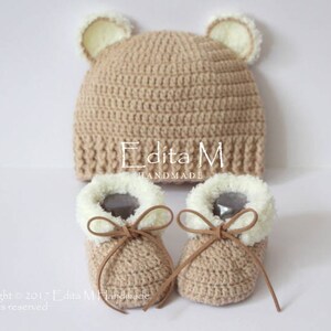 Unisex Crochet Baby Set Oatmeal Baby Booties Bear Hat Fur Shoes ...
