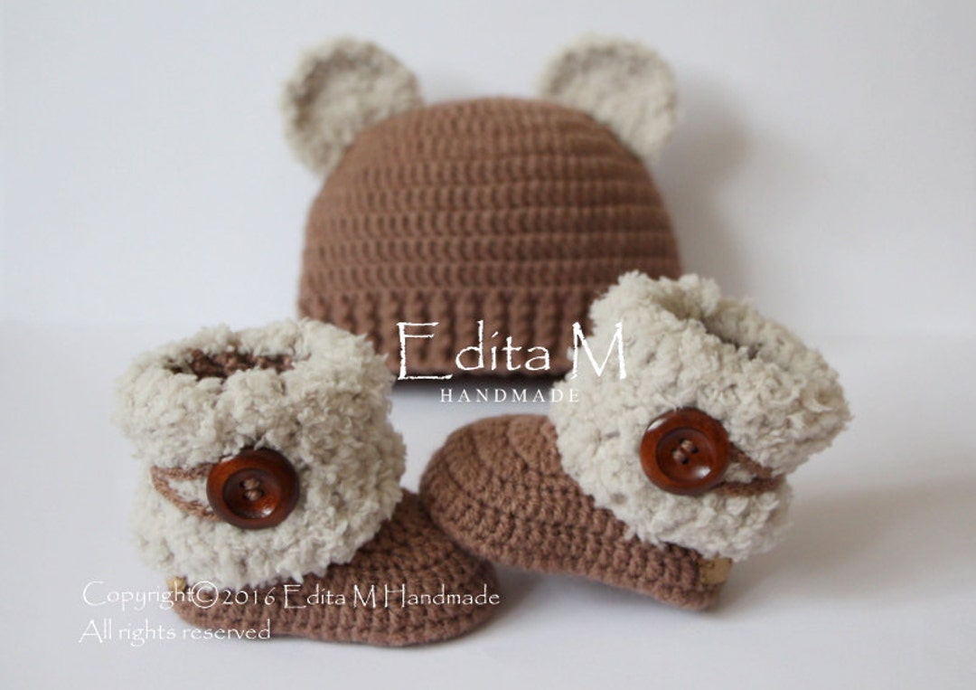 Unisex Baby Set, Crochet Baby Set, Baby Booties, Baby Bear Hat, Fur ...