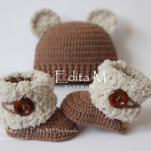 Unisex Baby Set, Crochet Baby Set, Baby Booties, Baby Bear Hat, Fur ...