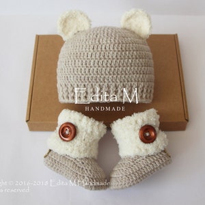 Unisex Baby Set, Crochet Baby Set, Baby Booties, Baby Bear Hat, Fur ...