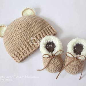Unisex Crochet Baby Set Oatmeal Baby Booties Bear Hat Fur Shoes ...