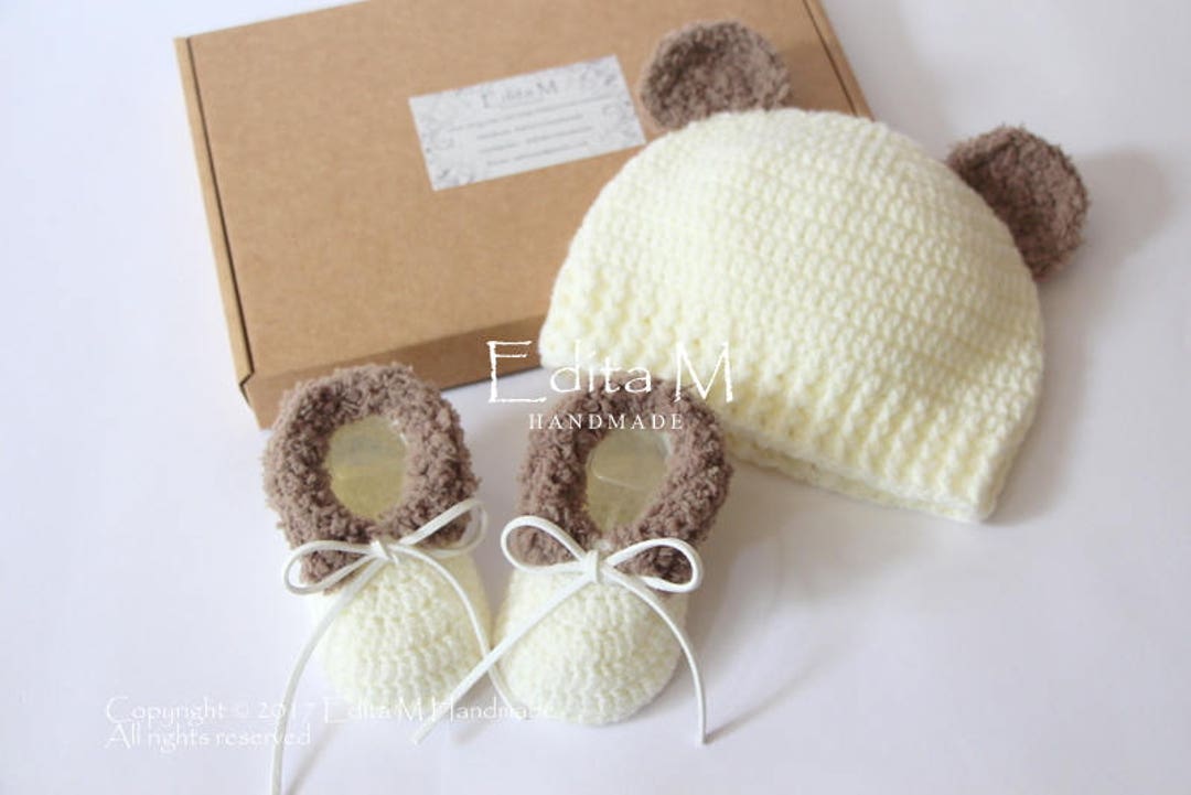 Unisex Baby Set, Crochet Baby Set, Booties, Bear Hat, Fur Shoes, Boots ...