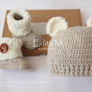 Unisex Baby Set, Crochet Baby Set, Baby Booties, Baby Bear Hat, Fur ...