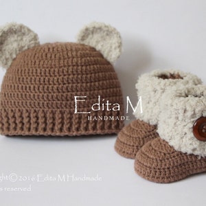 Unisex Baby Set, Crochet Baby Set, Baby Booties, Baby Bear Hat, Fur ...