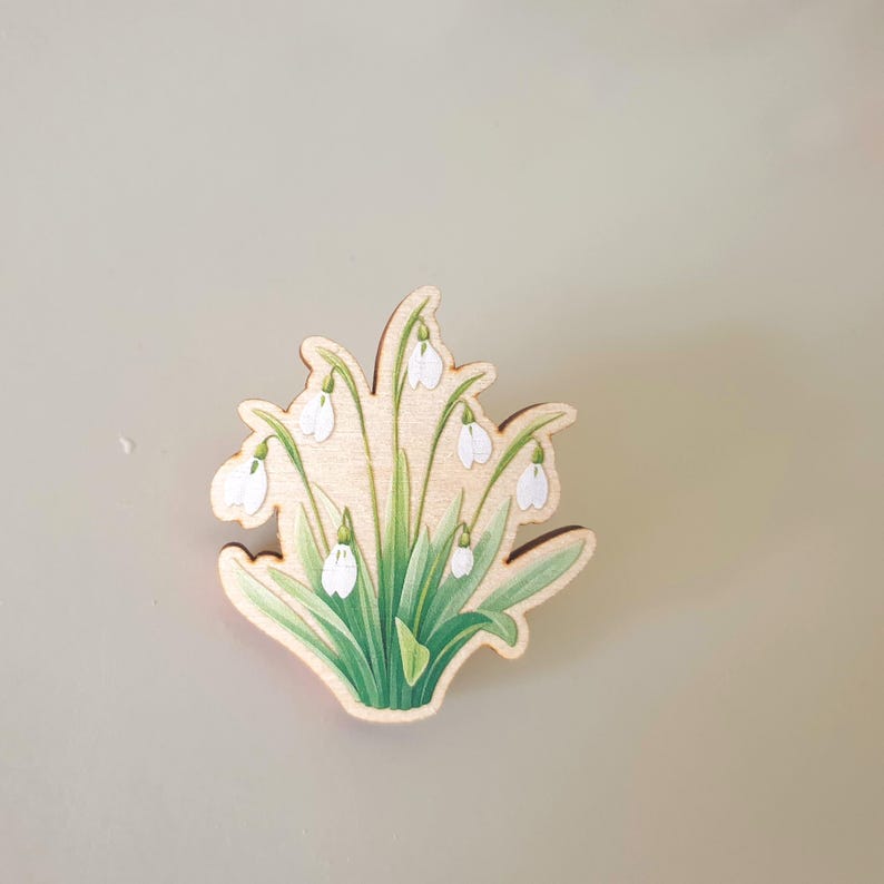 Snowdrop Flower Wooden Pin Brooch, Floral Birthday Gift for Gardening ...