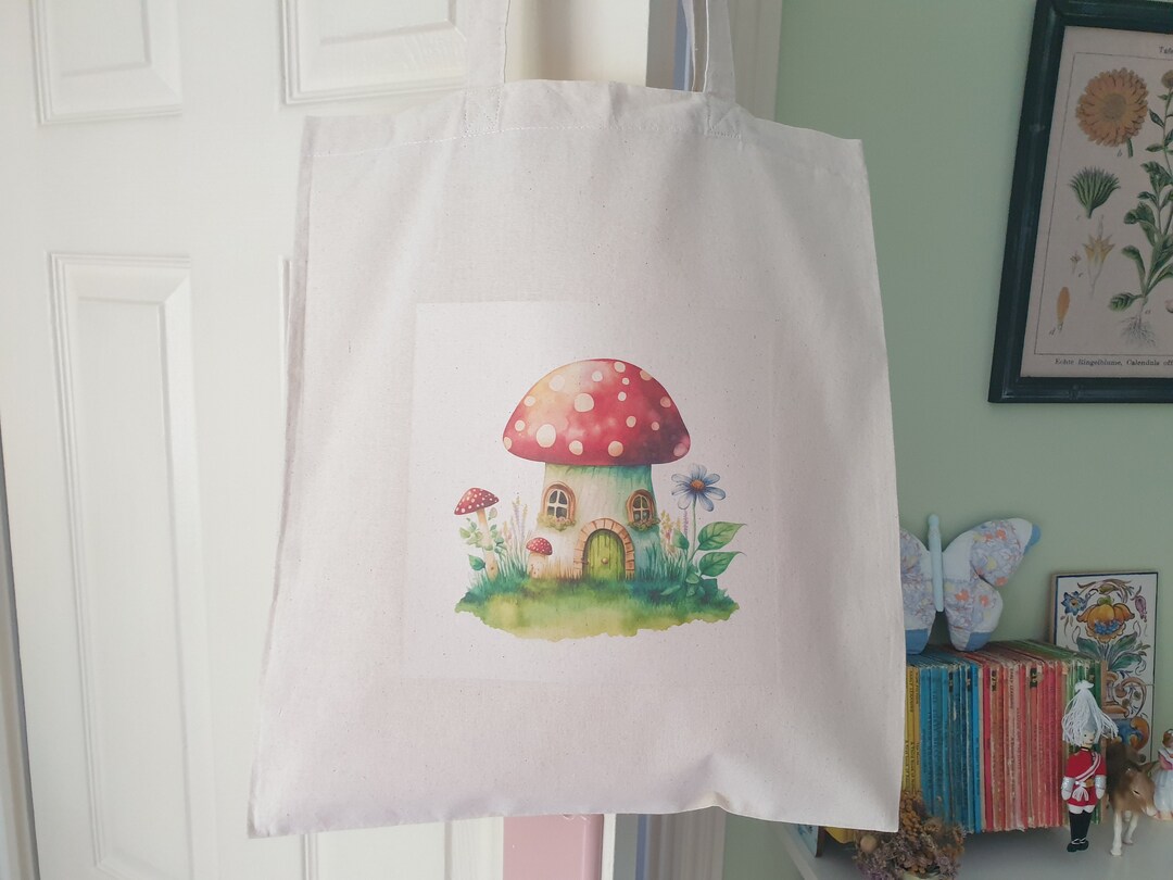 Toadstool Print Cotton Tote Bag, Mushroom Gift, Whimsical Toadstool House - Etsy