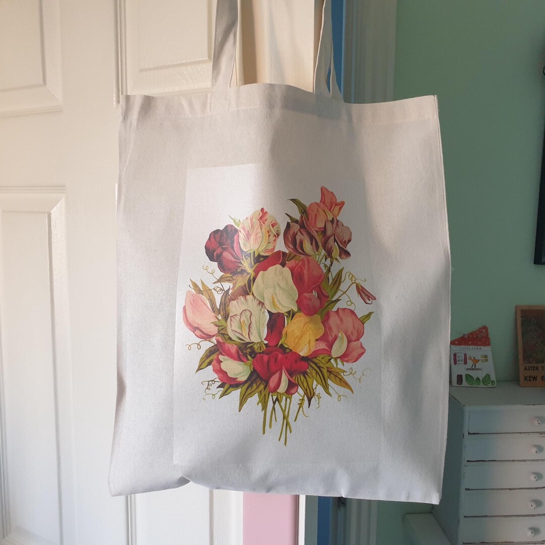 Sweet Pea Flower Cotton Tote, Floral Gift for Gardening Friend, Summer ...