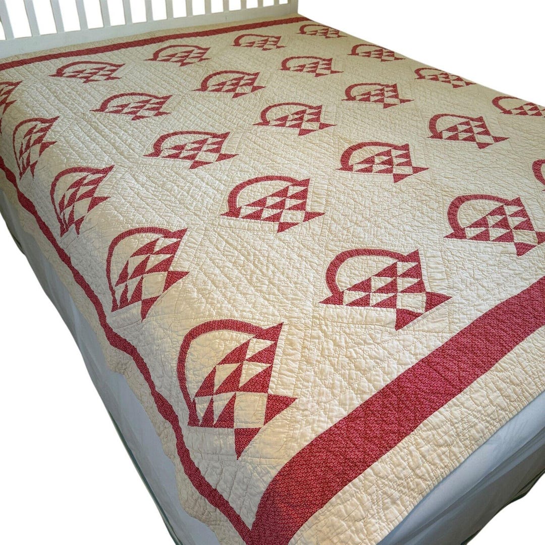 Antique Basket Quilt Hand Quilted Machine Pieces Red and Cream Vintage ...